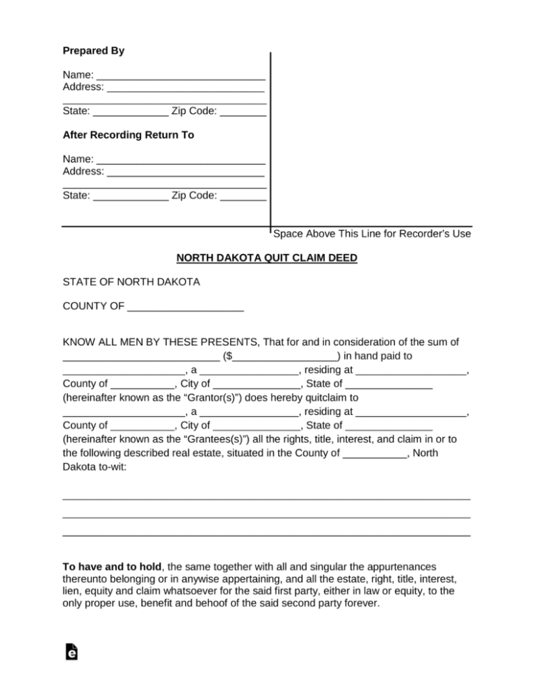 Free North Dakota Quit Claim Deed Form Word PDF EForms - CountyForms.com Free North Dakota Quit Claim Deed Form Word PDF EForms - CountyForms.com